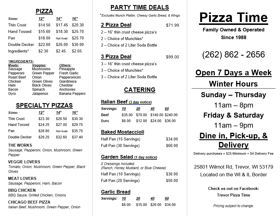 Our Pizza Time Menu – Trevor Pizza Time